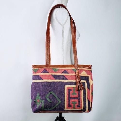 Embroidered Southwestern Pattern Hinged Top Tote Bag Stitched Fabric ...