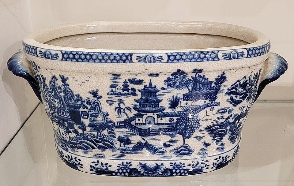 Blue, White Oblong Porcelain Chinoiserie Planter. Handles. Hand Painted ...