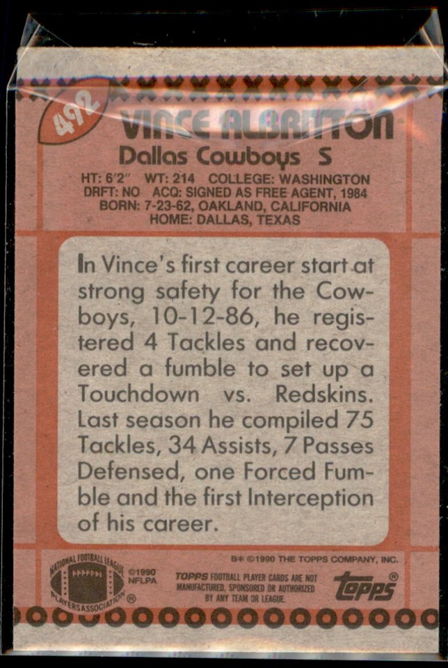 1990 TOPPS VINCE ALBRITTON DALLAS COWBOYS #492 | eBay