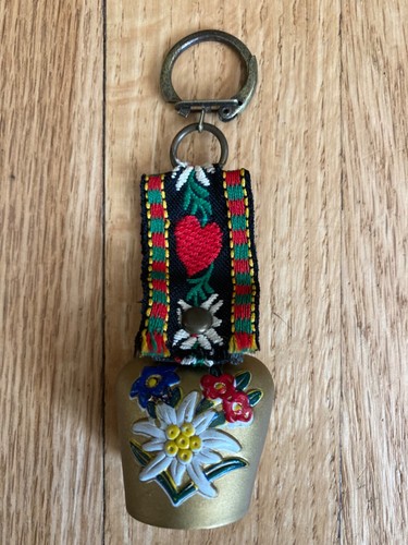 Austrian Brass Cow Bell Hand Painted Edelweiss Flower Embroidered KEY ...