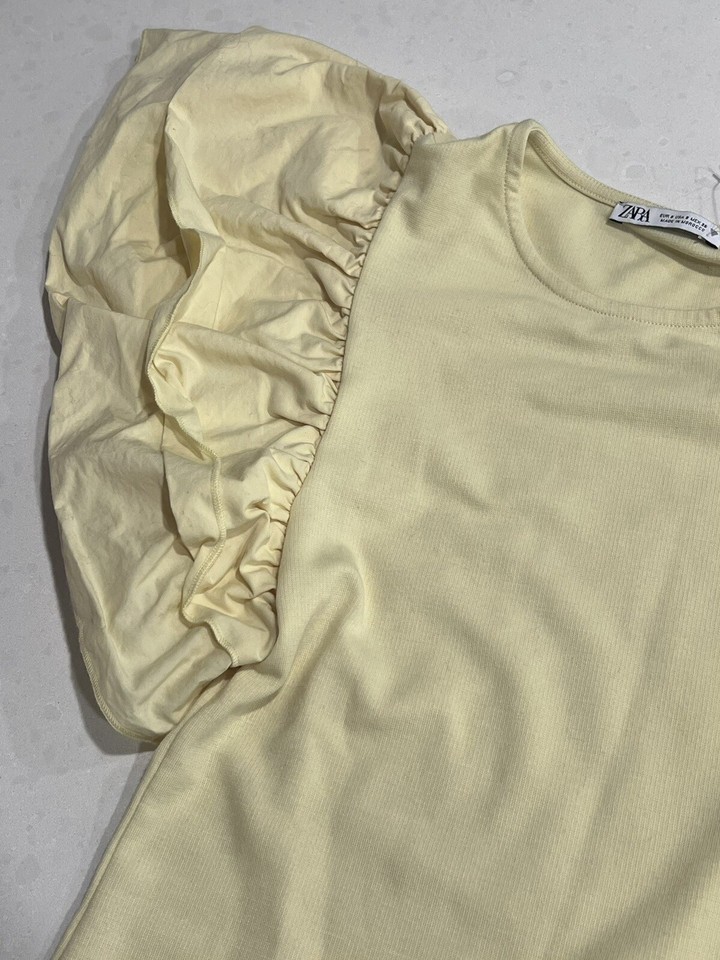 Zara Dress Women’s Small Yellow Bodycon Dress Ruffle Puff Poplin Sleeve ...