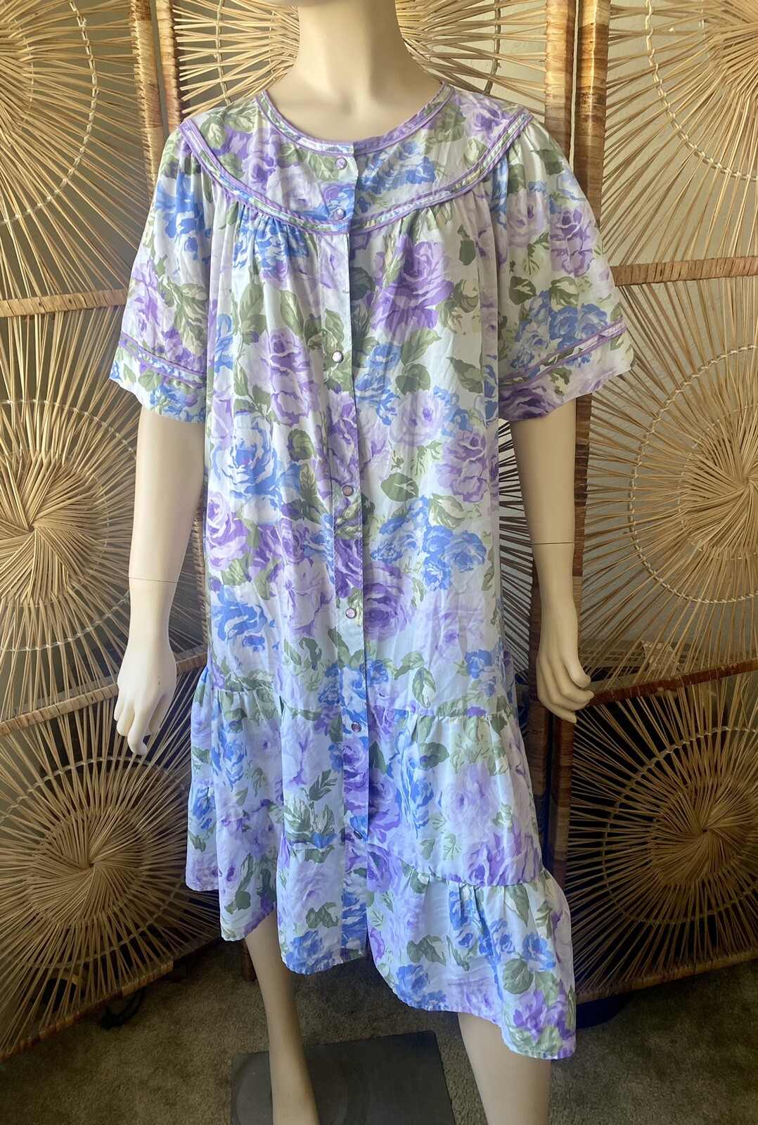 Vintage Purple Floral Snap House Dress Smock Mumu Hou… - Gem