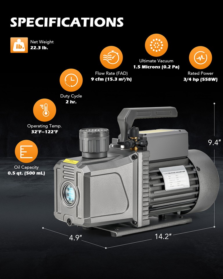 2 Stage Vacuum Pump 9 cfm 3/4 hp Rotary Vane Vacuum Pump 1.5 Micron ...