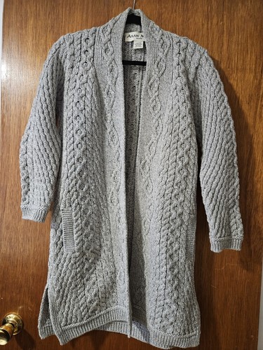 Aran Mor Ireland Medium Htr Gray Long Merino Wool Open Cardigan Sweater ...