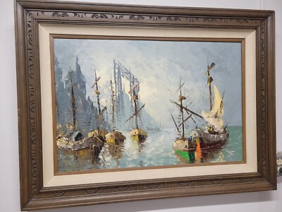 Manuel Munoz Merida "Santiago Harbor" Original Oil on Canvas, Framed ...