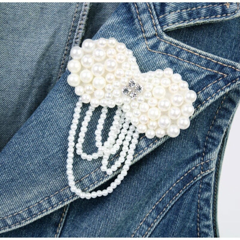 Women Denim Waistcoat Gilet Vest Beads Brooch Jeans Lapel Sleeveless ...