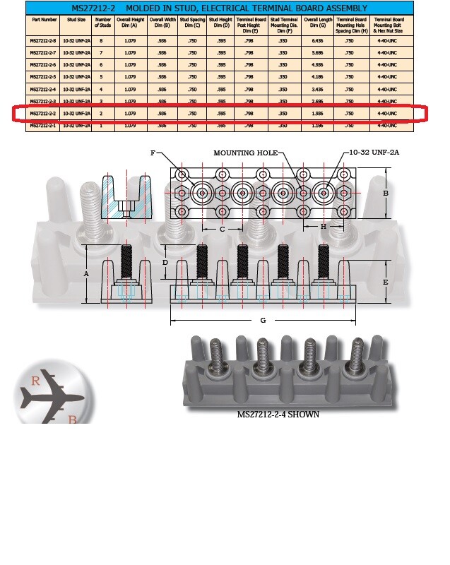 R&B Electronics MS27212-2-2 Aircraft Mil-Spec Terminal Block 2-Position ...