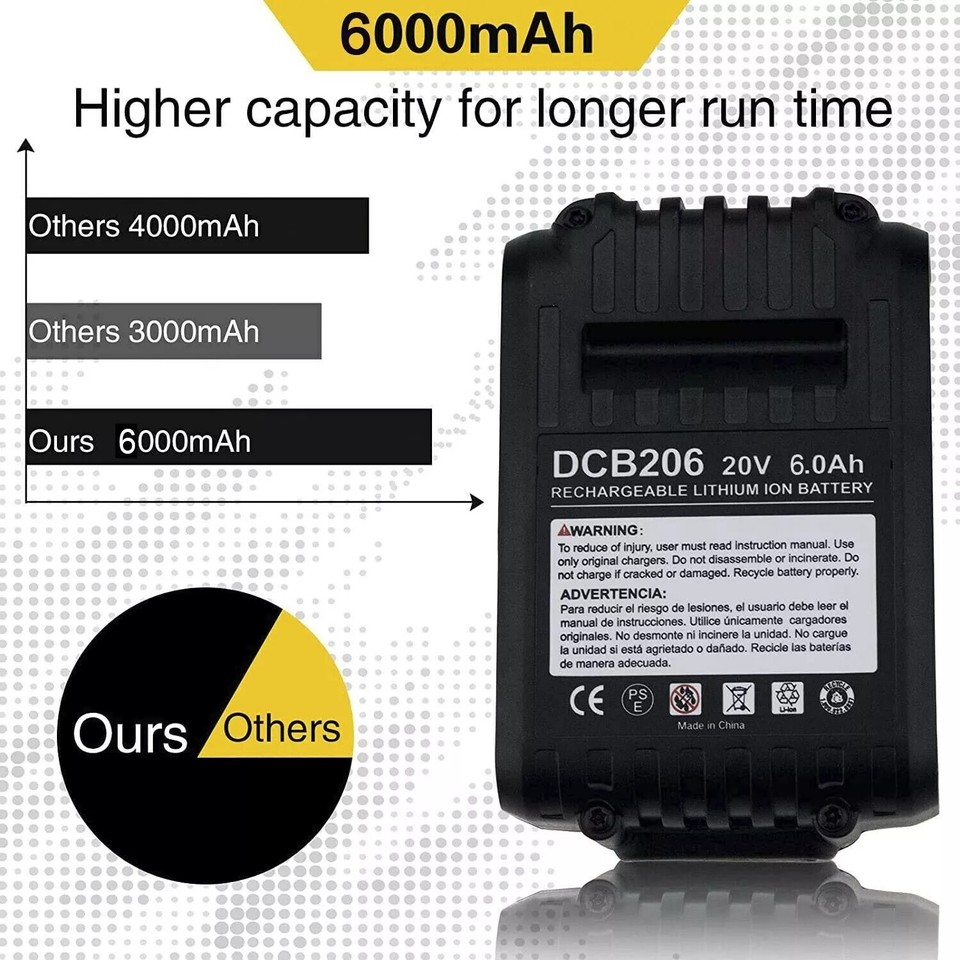 2 Pack 6.0AH Lithium Battery For DeWalt 20V Max XR DCB200 DCB206-2 ...