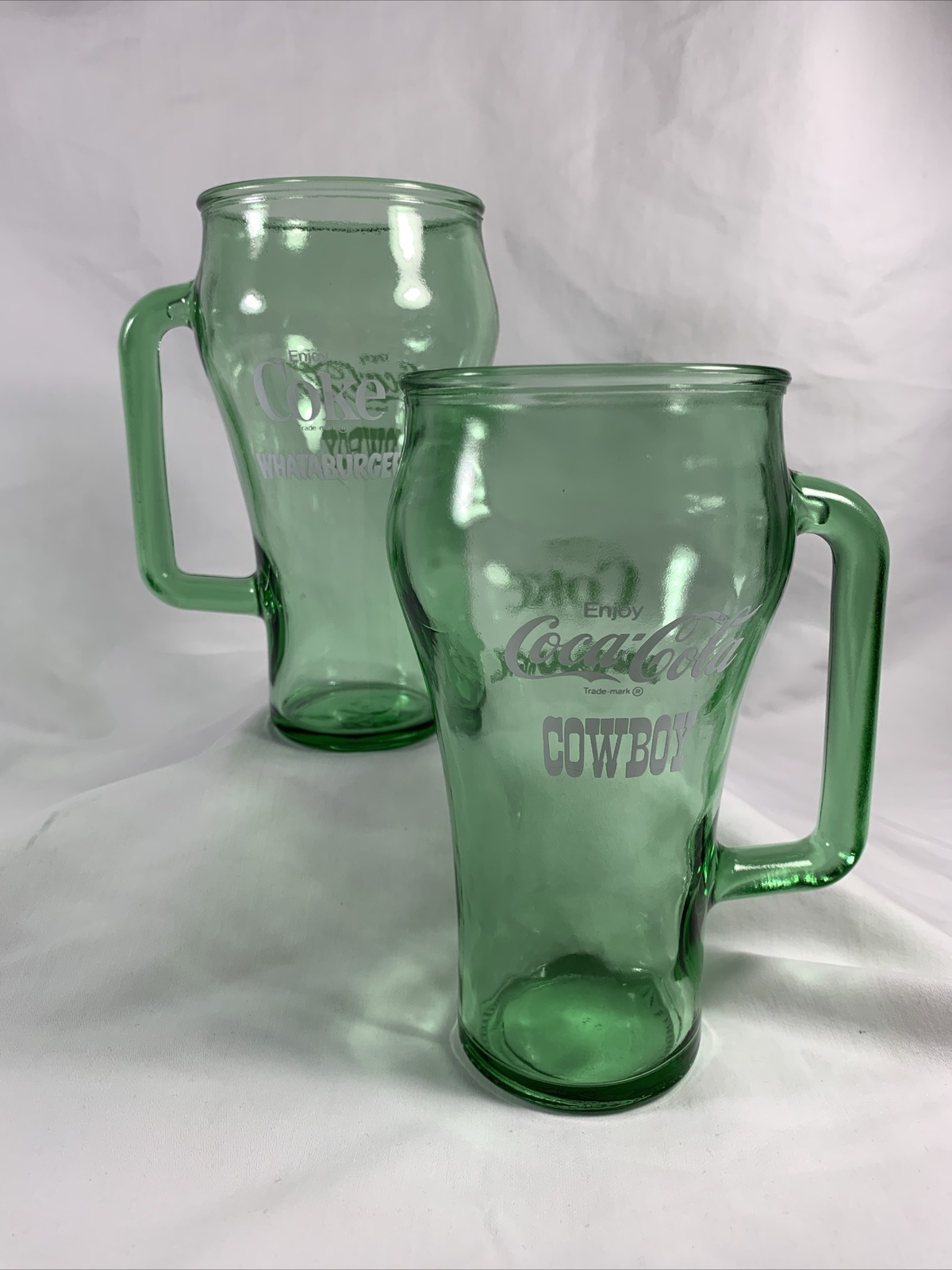 Set of 2 Vintage Coca-Cola Whataburger Cowboy Handle Mugs Green Glass ...