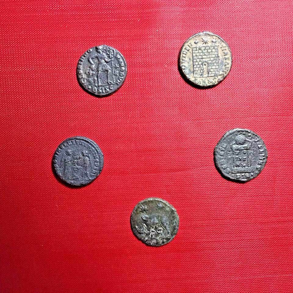 Five mainly 3rd and 4th century bronze roman coins - various emperors ...