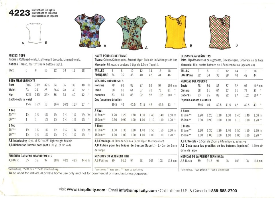 Simplicity 4223 Tops Misses Easy Sewing Pattern Uncut Size 6-18 | eBay