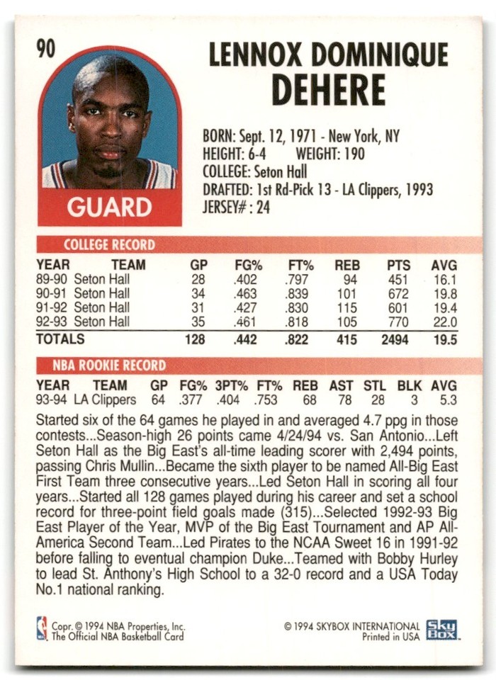 1994-95 NBA Hoops Basketball Card Terry Dehere #90 Los Angeles Clippers ...