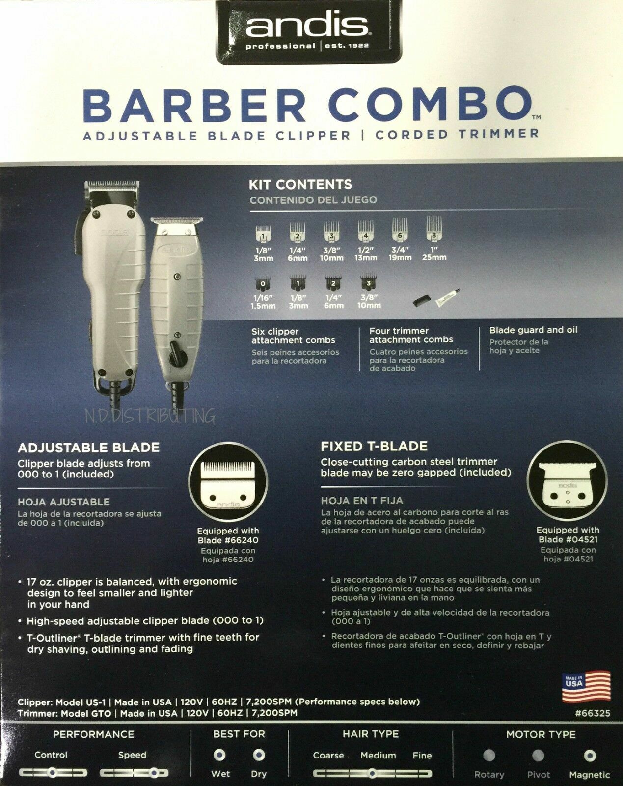 Andis Professional Barber Combo Adjustable Clipper with Trimmer - 66325 ...