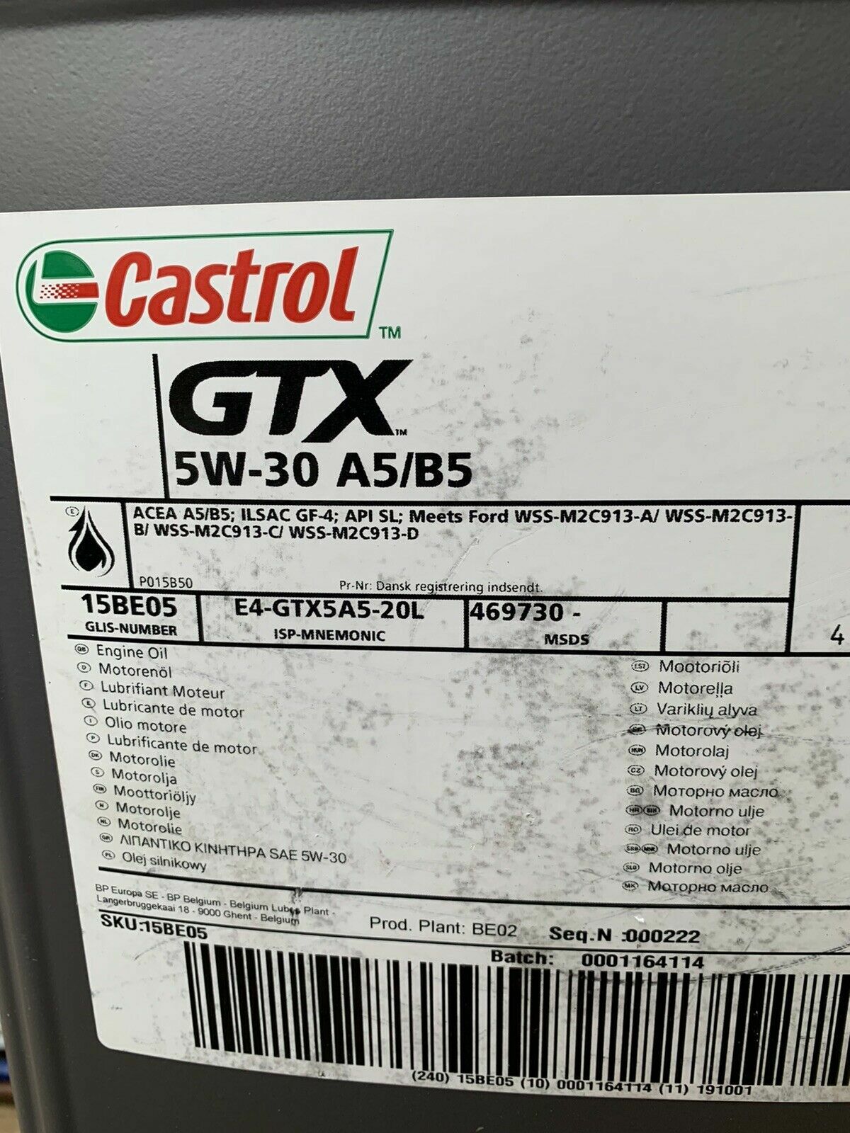 Castrol GTX 5W30 A5 / B5 Engine Oil 20 Litres 5W 30 Ford WSS-M2C913-A ...