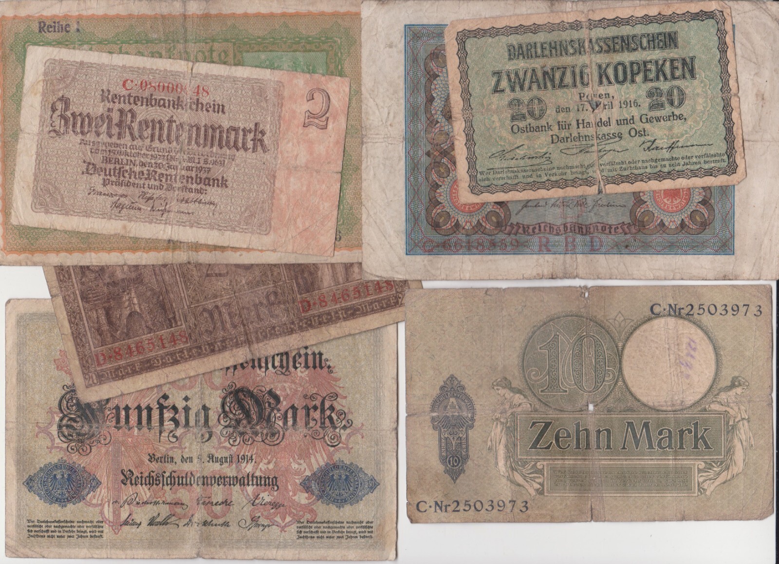 Lot Germany Nazi 3rd Reich 7 banknotes 1906- reichsmark, and WW1, WW2 ...