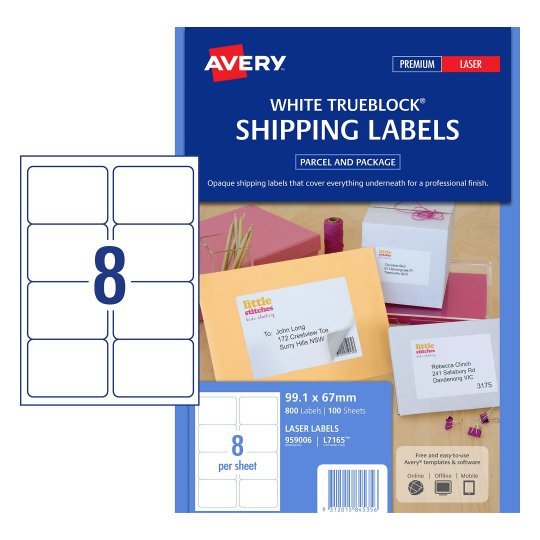 Avery 959006 Shipping Labels Trueblock 99.1mm x 67.7mm Laser White 8UP ...