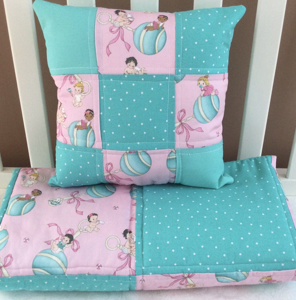 Baby Girl Quilt. Teal &Pink Quilt. Rattles & Bows Quilt. | eBay