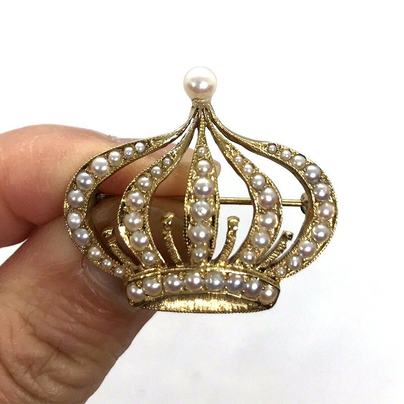 Antique Victorian 14k yellow gold crown natural seed pearl brooch pin ...
