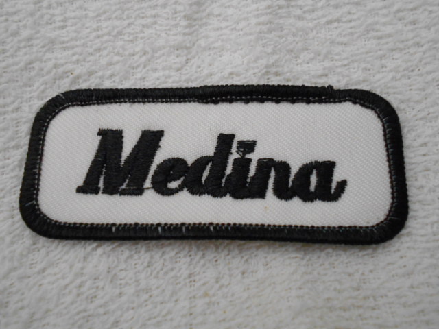 MEDINA USED EMBROIDERED VINTAGE SEW ON NAME PATCH TAGS BLACK ON WHITE ...