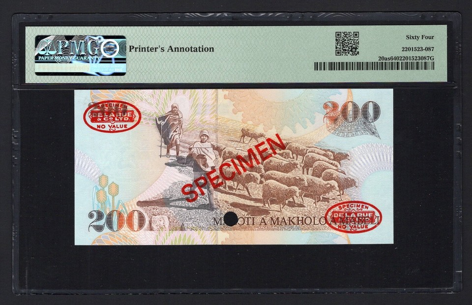 Lesotho 200 Maloti 1994 P20as "Specimen N.005" Uncirculated Grade 64 ...