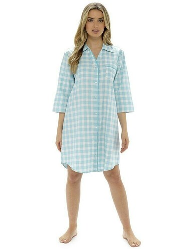 Womens Ladies Nightshirts Cotton Button Front Boyfriend Nightie Check ...