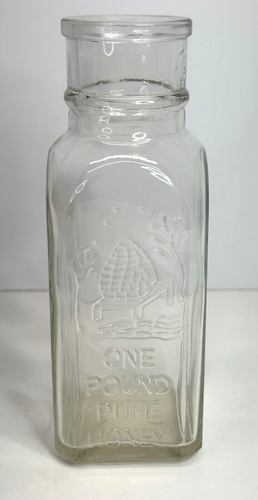 VTG Honey Jar CLEAR GLASS BOTTLE ~ one pound Pure Honey ~ 6 3/4" tall ...