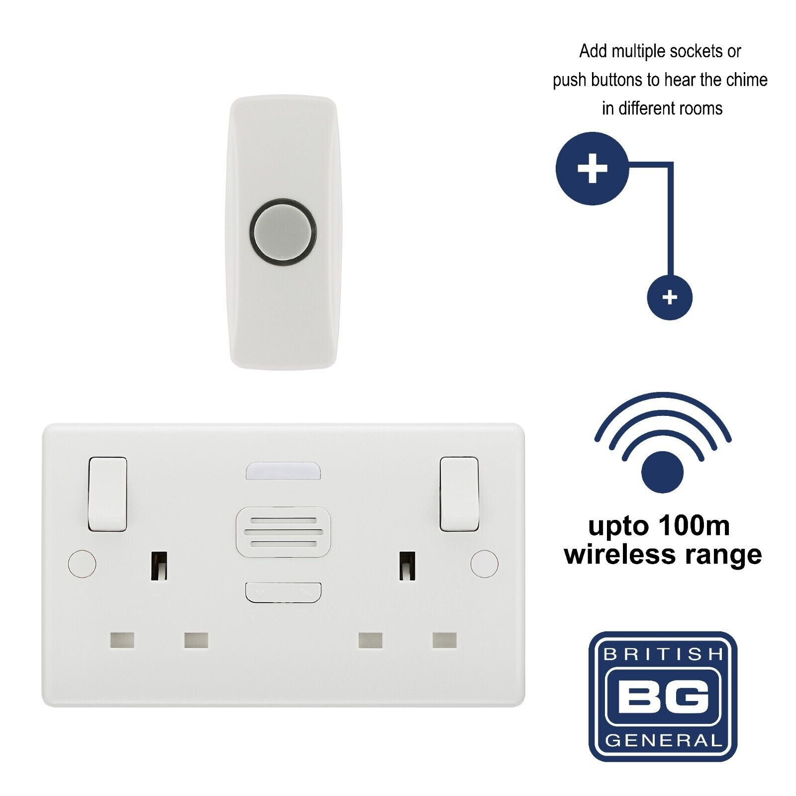 Wireless Door Bell Plug Socket Chime Power 2 Gang Twin Built In ...