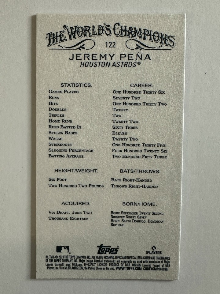 Jeremy Peña 2023 Topps Allen & Ginter Mini Black Border Houston Astros ...