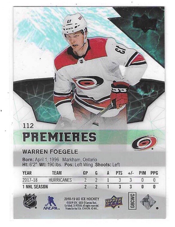2018-19 UPPER DECK UD ICE WARREN FOEGELE PREMIERES RC #112 HURRICANES ...