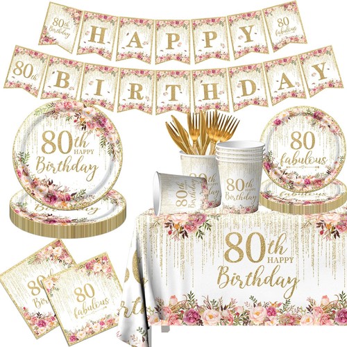80th Birthday Party Tableware 142pcs Rose Gold 80th Birthday ...