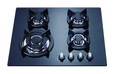 60cm BLACK GLASS 4 BURNER HEAVY DUTY CAST IRON GAS COOKTOP - LPG JETS ...