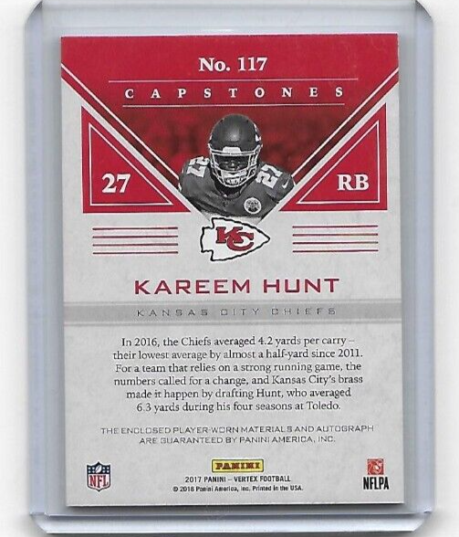 2017 Panini Vertex Rookie Capstones /99 Kareem Hunt #117 Rookie Auto RC ...