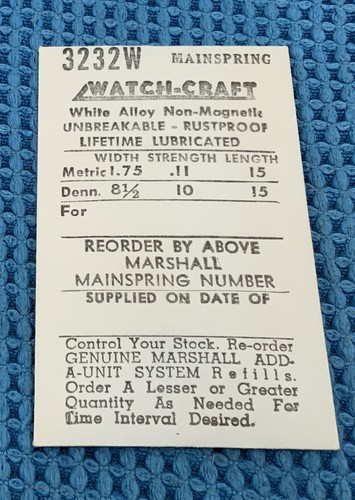 3232W Watchcraft Mainspring (8.5 X 10 X 15) NEW OLD STOCK (610E-712K) L ...