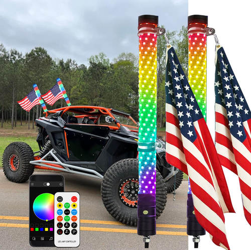 Fat 2FT LED RGB Lighted Spiral Whip Light Antenna w/ Flag For Polaris ...