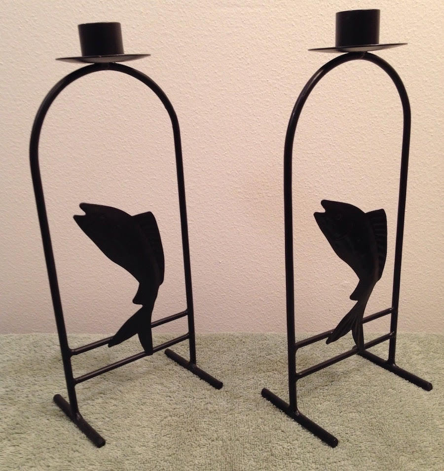 Metal Fish Candle Holders Set Black Nautical Ocean Lake River Rod Boat ...