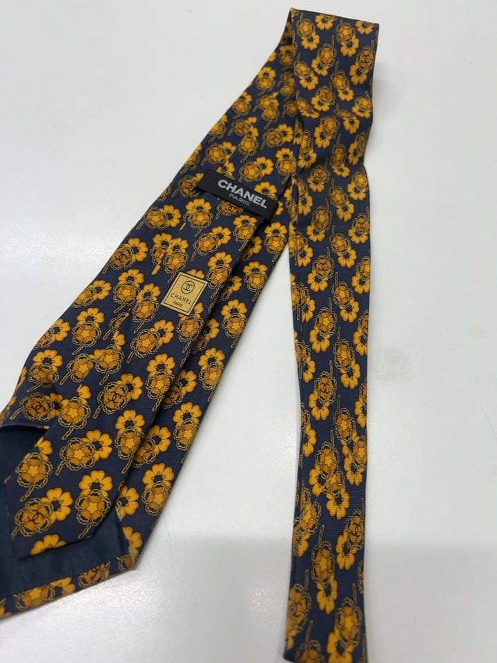Chanel Floral Tie Navy Yellow Used Classic Pattern Refurbished | eBay