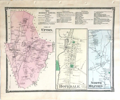 1870 MAP UPTON MILFORD MASSACHUSETTS ORIGINAL OLD ANTIQUE COLOR. BEERS ...