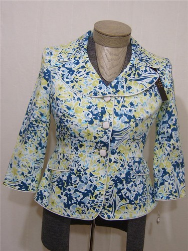 Alex Marie Womens Coat 8P 8 Notch Lapel Floral Green Beach Blue Trim ...