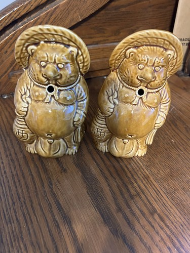 VINTAGE SET OF TWO MATCHING BROWN POTTERY BEAR SMALL PLANTERS WITH FREE ...