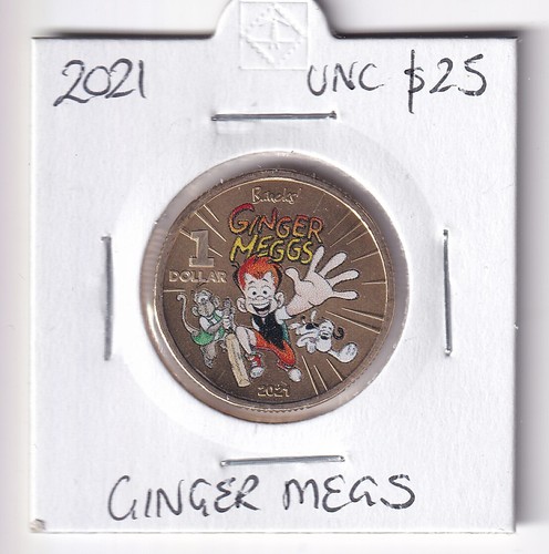 AUSTRALIAN: 2021 $1 100 YEARS OF GINGER MEGS COLOURED COIN IN 2X2 ...