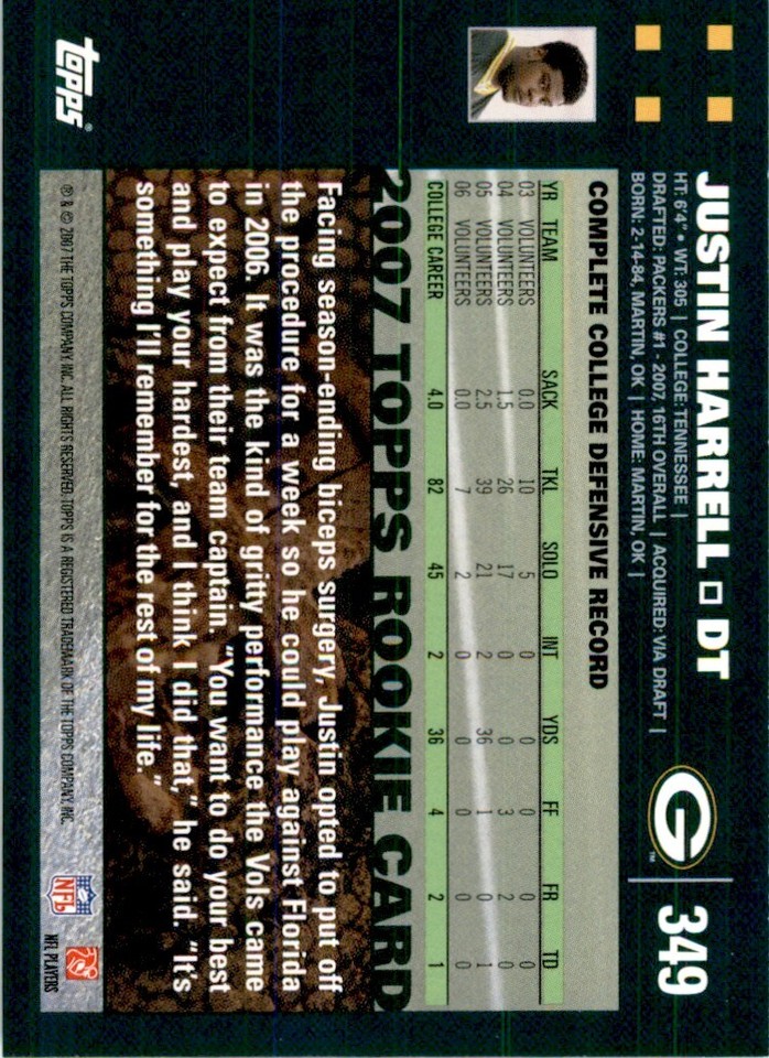 2007 TOPPS JUSTIN HARRELL ROOKIE GREEN BAY PACKERS #349 | eBay