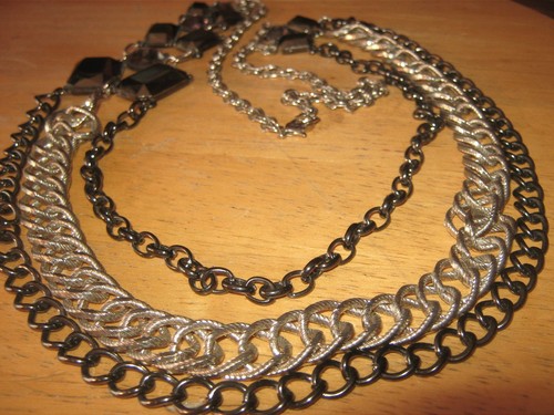 Silver & Black Heavy Multi Chain Necklace Rhinestone & Black Bead Side ...