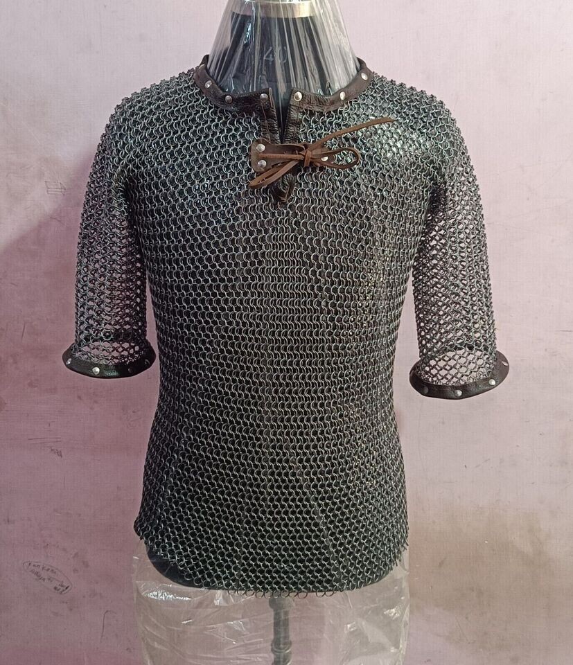 Half Sleeve Chainmail Shirt Mild Steel Butted Leather Trim Armor ...