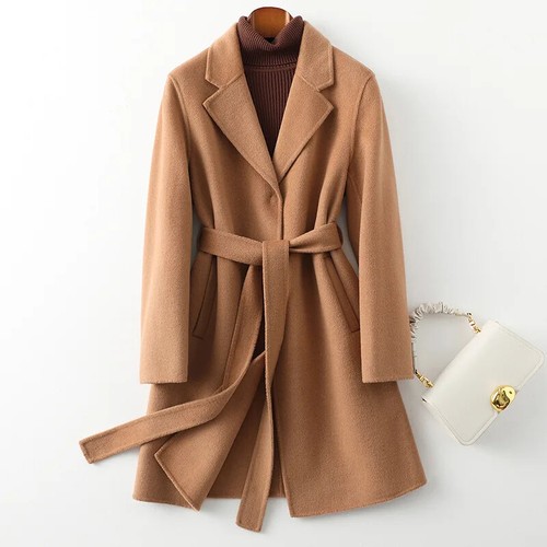100% Wool Coats Women Long Autumn Coats Women Woolen Coat Belt Tops ...