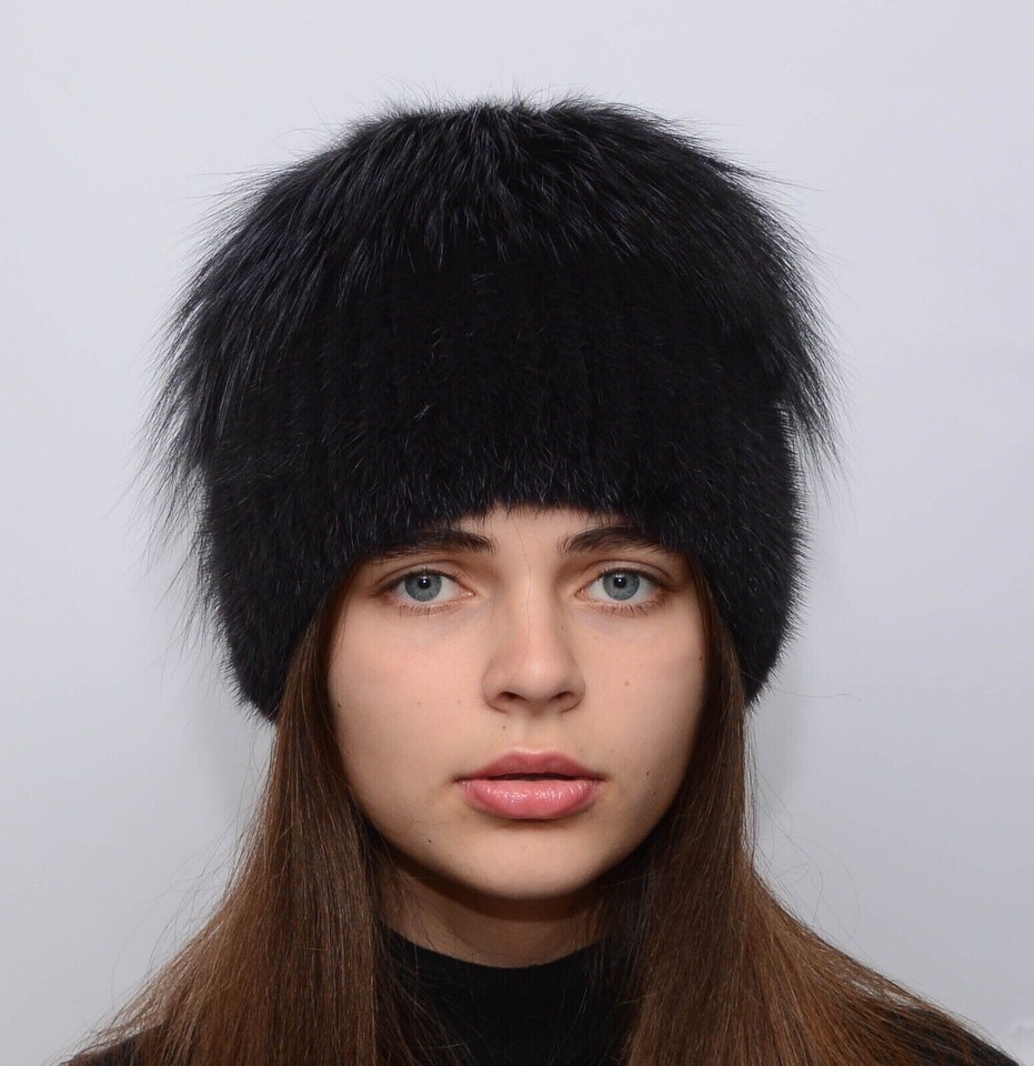 Womens Real Mink Fur Hat with Silver Fox Knit Winter Fur Hat Luxury ...