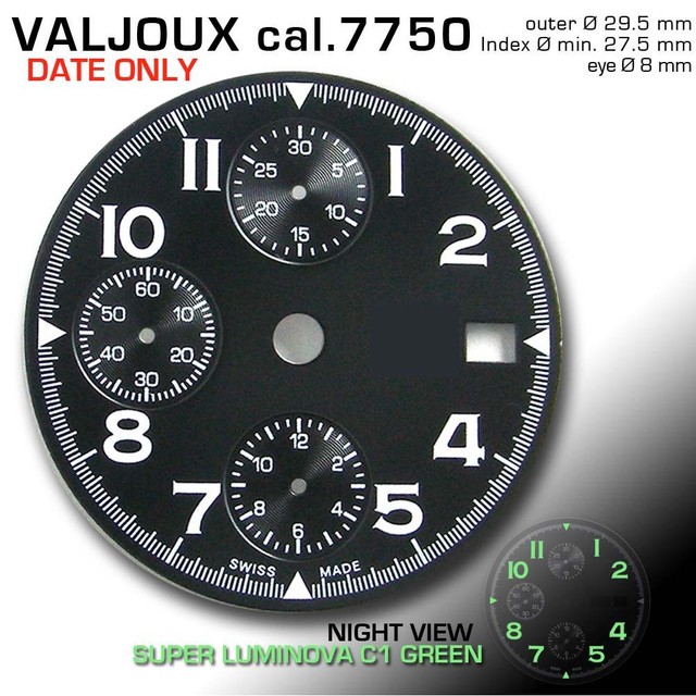 DIAL FOR MOVEMENT ETA VALJOUX 7750, MC 2, 3-D, BLACK, SUPER LUM. Ø 30 ...