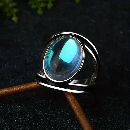 Reflective Moonstone Black Inlay Silver-Tone Ring Size 7 New Free Ship ...