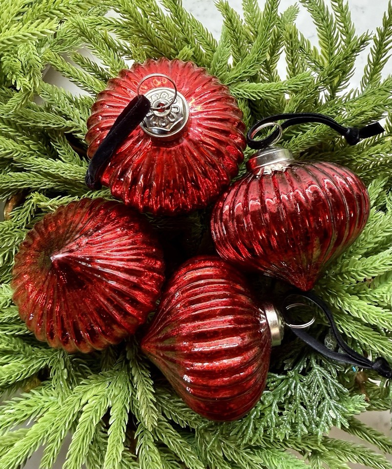 Set Of 6 Ruby Red Mercury Glass Ribbed Onion Shape Kugel Christmas ...