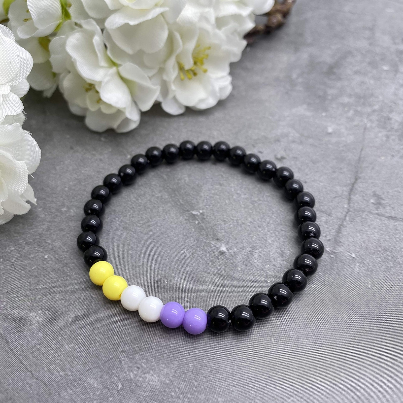 Non Binary Flag Bead Bracelet, 6mm Yellow White Lavender and Black ...