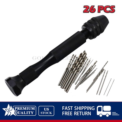 26PCS Mini Micro Drill Hand Bits Set Small Manual Keyless Chuck Pin ...